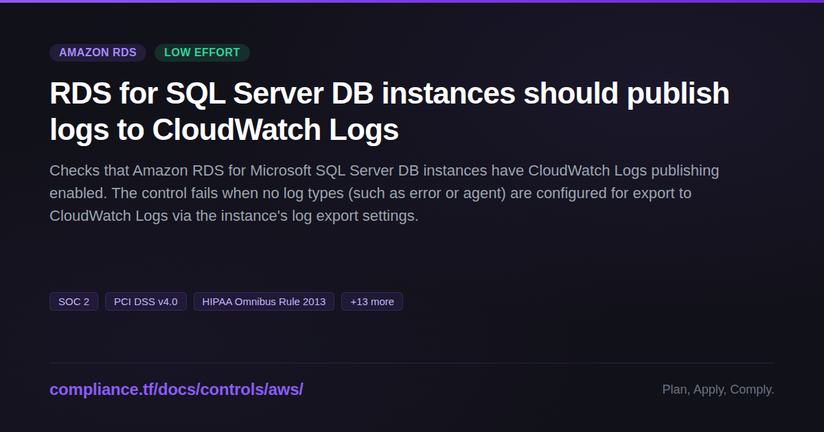 RDS for SQL Server DB instances should publish logs to CloudWatch Logs ...